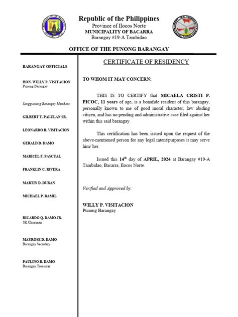 Certificate Of Residency Pdf Philippines