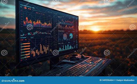 Computer Monitor Shows Data Graphs Outdoors Sunset Tech Data Analysis