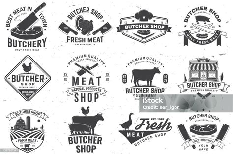 소 쇠고기 닭고기와 정육점 배지 또는 라벨 세트 벡터 소 치킨 실루엣빈티지 타이포그래피 디자인 도살장 고기 가게 시장 레스토랑 사업 정육점 주인에 대한 스톡 벡터 아트 및