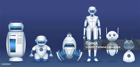 로봇 문자 만화 미래 로봇 안드로이드 사이보그 및 봇 It 미래 기술 마스코트 재미있는 디지털 Ai 어시스턴트 벡터 세트 로봇에 대한 스톡 벡터 아트 및 기타 이미지