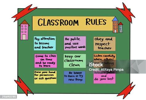 다채로운 게시판에 교실 규칙의 손으로 그린 그림 손글씨 글꼴입니다 교육용 일러스트레이션 교사와 학생이 함께 규칙을 만들 수 있는 개념 아이디어 교실 관리 개념에 대한 스톡