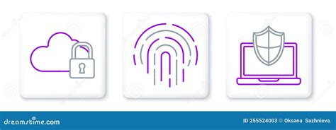 Set Line Laptop Protected With Shield Cloud Computing Lock And Fingerprint Icon Vector Stock