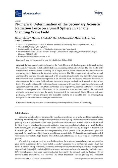 Pdf Numerical Determination Of The Secondary Acoustic Radiation Force