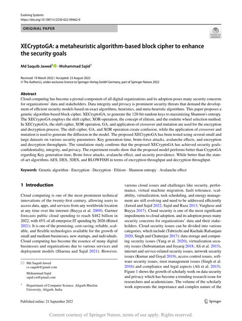 Xecryptoga A Metaheuristic Algorithm Based Block Cipher To Enhance The Security Goals Request Pdf