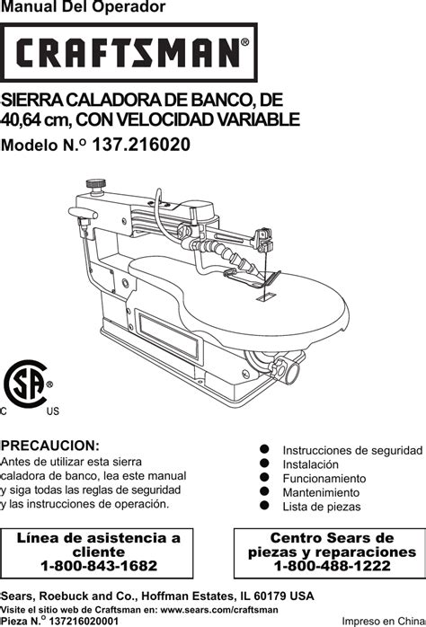 Craftsman 16 Variable Speed Scroll Saw 21602 Owners Manual Espanol 216020 Ss163vrc 052608 Spanish