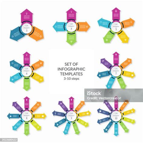 중앙에서 향하는 화살표가 있는 인포그래픽 원 세트입니다 310 단계 사이클 다이어그램 모음 프로세스 차트 프리젠 테이션 보고서 브로셔 웹 데이터 시각화를위한 벡터 배너 0