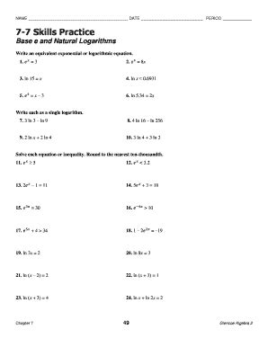 Practice Base E And Natural Logarithms Fill Online Printable Fillable Blank PdfFiller