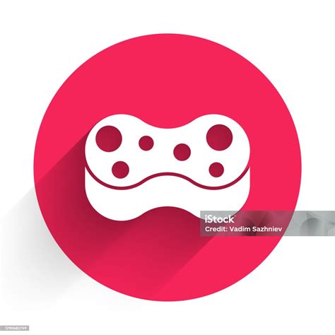 긴 그림자로 격리 된 화이트 스폰지 아이콘 설거지를 위한 바스트 위스트 청소 서비스 로고 빨간색 원 버튼입니다 벡터 가사 집안일에 대한 스톡 벡터 아트 및 기타 이미지