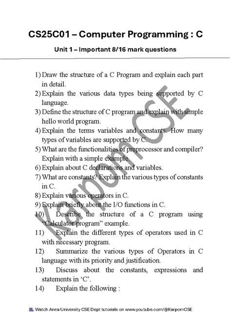 Cs25c01 Computer Programming C Unit 1 Key Questions And Concepts Studocu