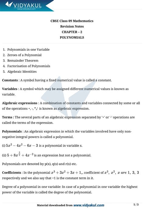 Class 9th Math Polynomials Ncert Notes Cbse 2023