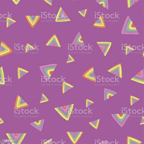 아이 들을 위한 삼각형 무지개 프리즘 질감 원활한 벡터 패턴 귀여운 만화 그림 보육 직물 배경 벽지 스크랩북 프로젝트 굴절에