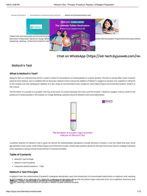 Molischs Test Principle Procedure Reaction And Reagent Preparation Pdf