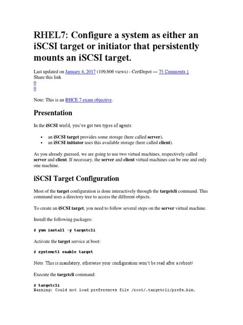 Rhel7 Configure A System As Either An Iscsi Target Or Initiator That Persistently Mounts An