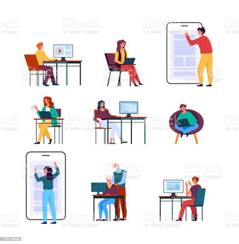 프리랜서 사람들은 집에서 일하고 Laptp 및 스마트 폰 개념을 사용하여 일합니다 벡터 플랫 그래픽 디자인 일러스트 레이션 세트 등장인물에 대한 스톡 벡터 아트 및 기타