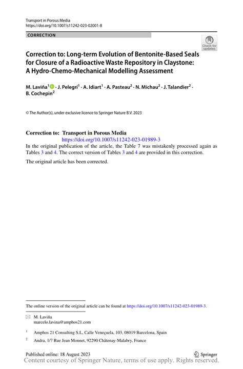 Correction To Long Term Evolution Of Bentonite Based Seals For Closure