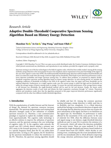 Pdf Adaptive Double Threshold Cooperative Spectrum Sensing Algorithm Based On History Energy
