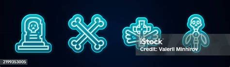 묘비가있는 무덤 교차 된 인간의 뼈 기독교 십자가 및 마술 지팡이를 설정하십시오 빛나는 네온 아이콘입니다 벡터 기념관에 대한 스톡 벡터 아트 및 기타 이미지 Istock