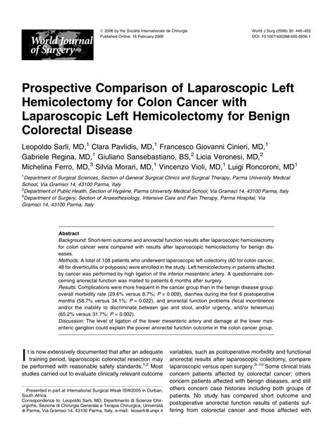Pdf Prospective Comparison Of Laparoscopic Left Hemicolectomy For Colon Cancer With