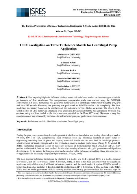 Pdf Cfd Investigation On Three Turbulence Models For Centrifugal Pump Application