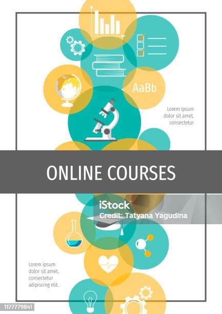 전단지 배너 포스터 원격 교육 온라인 과정 및 E러닝 개념을 위한 브로셔 디자인 교육에 대한 스톡 벡터 아트 및 기타 이미지