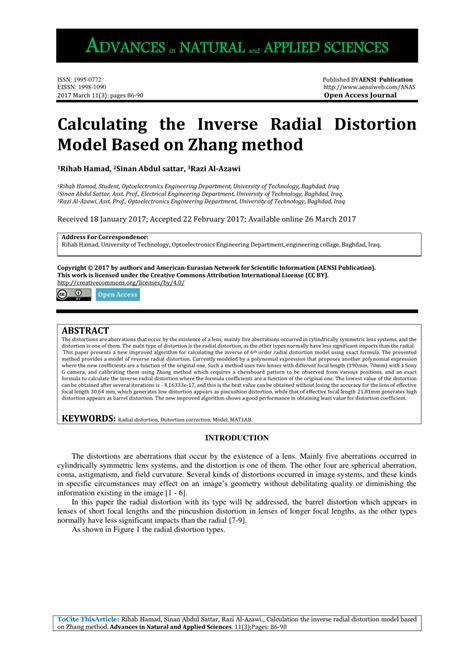 Pdf Calculating The Inverse Radial Distortion Model Based On Zhang Method
