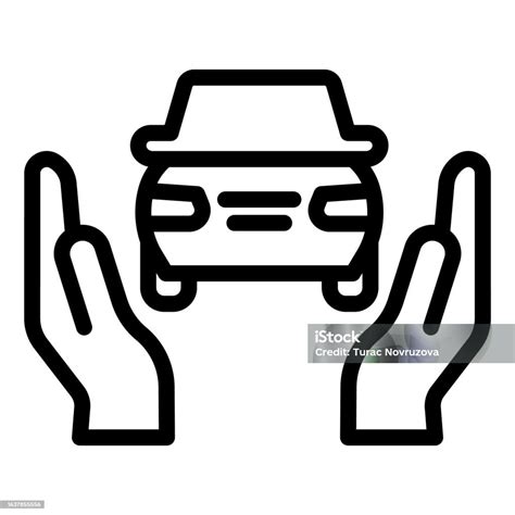 자동차 보험 라인 아이콘입니다 자동 보호 두 손 기호로 지원 흰색 배경에 윤곽선 스타일 픽토그램 도로 사고 표지판 모바일 개념 웹 디자인 벡터 그래픽 개념에 대한 스톡 벡터