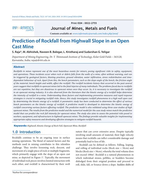 pdf prediction of rockfall from highwall slope in an open cast mine