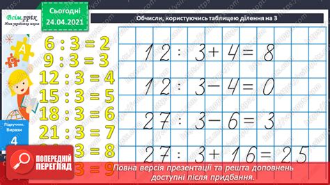 Урок №68 для 2 класу з математики за Г Лишенко Таблиця ділення на 3 Вправи і задачі на