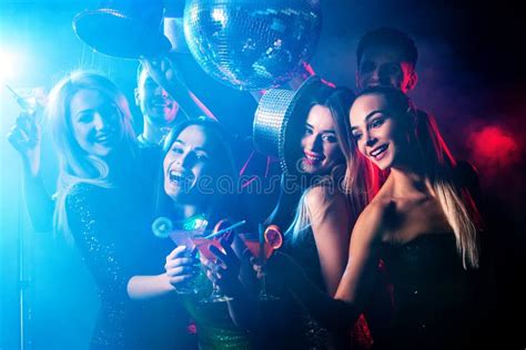 Dance Party With Group People Dancing And Disco Ball Stock Image