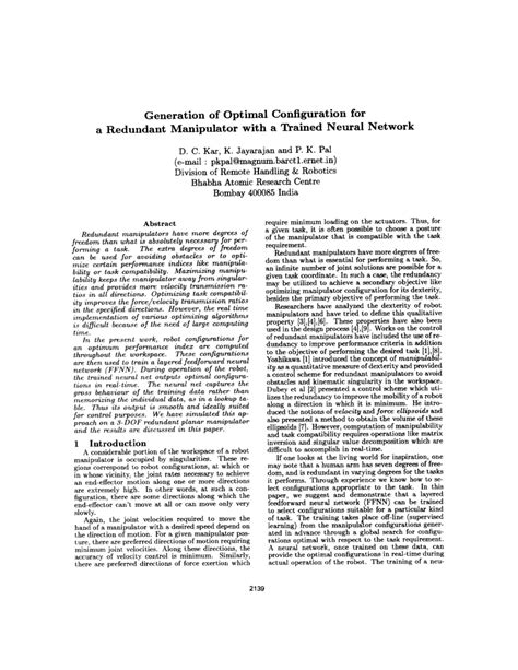 Pdf Generation Of Optimal Configuration For A Redundant Manipulatorwith A Trained Neural Network