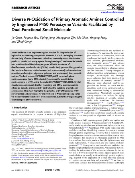 Pdf Diverse N‐oxidation Of Primary Aromatic Amines Controlled By Engineered P450 Peroxizyme