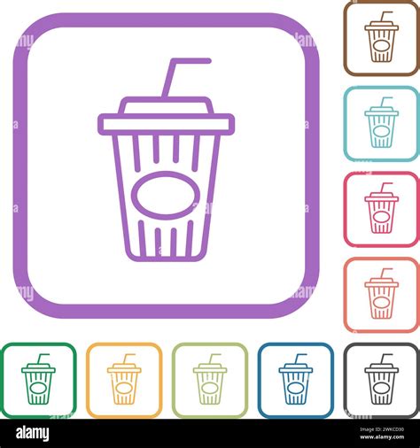 disposable cup with straw outline simple icons in color rounded square