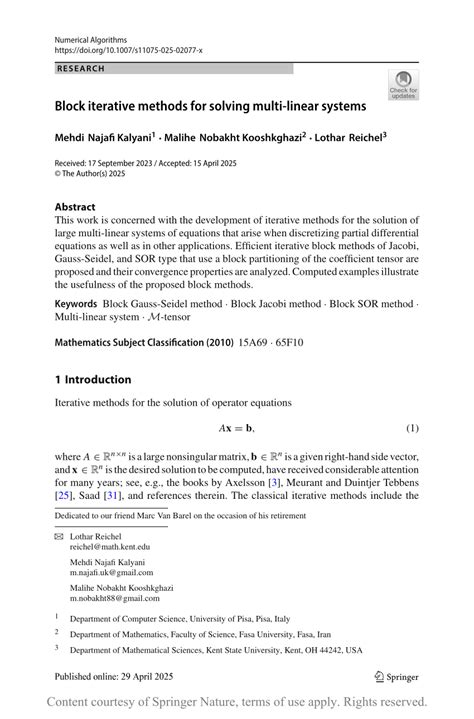 Pdf Block Iterative Methods For Solving Multi Linear Systems