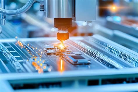 Closeup Of An Automated Robotic Arm Assembling A Circuit Board In A