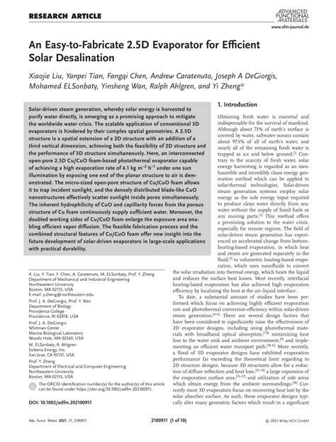 An Easy‐to‐fabricate 2 5d Evaporator For Efficient Solar Desalination Request Pdf