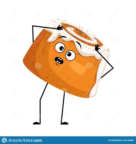 Cute Cinnamon Pastry Bun Character With Emotions In Panic Grabs His
