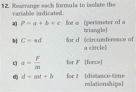 solved 12 rearrange each formula to isolate the variable indicated a
