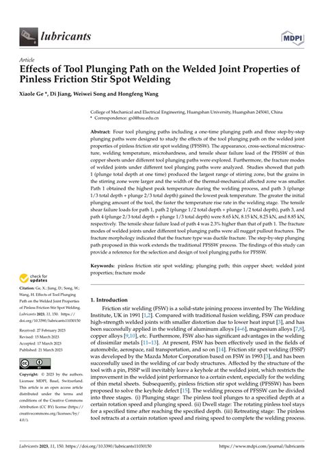 Pdf Effects Of Tool Plunging Path On The Welded Joint Properties Of Pinless Friction Stir Spot