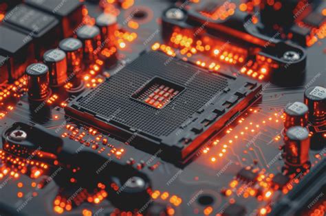 Computer Motherboard With Complex Circuits And Microchips Focused On Technology Premium Ai
