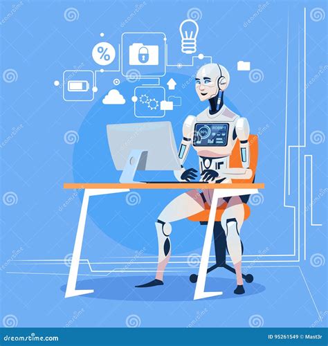 Modern Robot Working With Computer Fixing Errors Futuristic Artificial Intelligence Technology