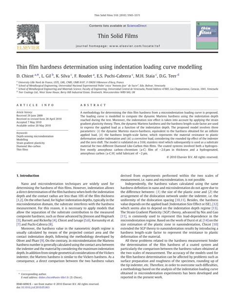 Pdf Thin Film Hardness Determination Using Indentation Loading Curve