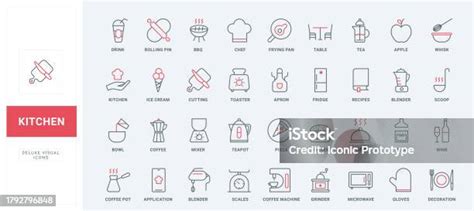 부엌 얇은 검은 색과 빨간색 라인 아이콘 세트 요리사기구 및 레스토랑 용품 개체 그룹에 대한 스톡 벡터 아트 및 기타 이미지 개체 그룹 검은색 그래픽 사용자