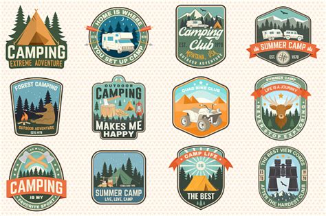 Rv 캠핑 배지 패치 세트 셔츠 또는 로고 인쇄 스탬프 또는 티셔츠에 대한 벡터 개념 Rv 모터홈 캠핑 트레일러 및 오프로드