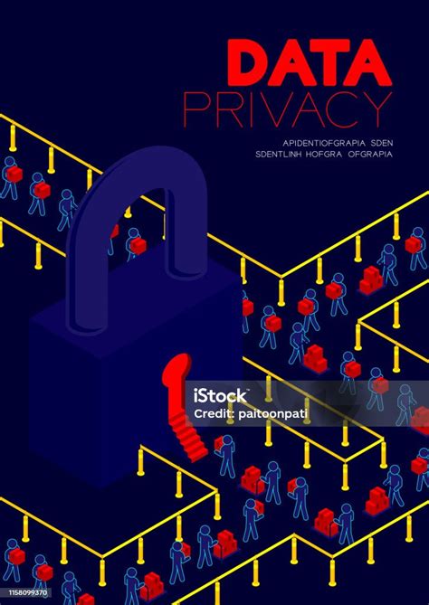 데이터 프라이버시 개념 남자 픽토그램 데이터 아이소메트릭 잠금 키홀 도어 및 극 교통 장벽 일러스트 포스터 및 배너 디자인이 파란색 배경에 격리되어 복사 공간이 있습니다