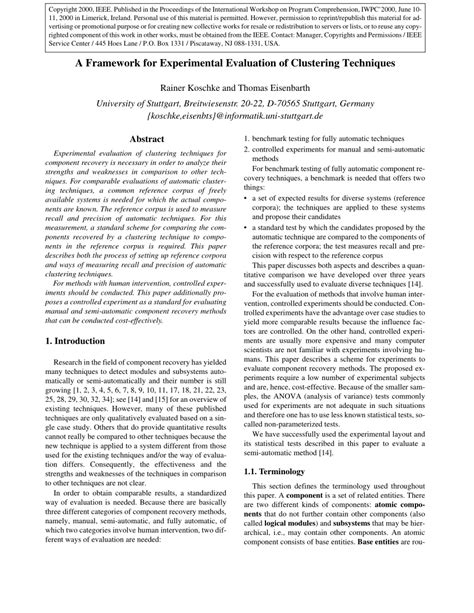 Pdf A Framework For Experimental Evaluation Of Clustering Techniques