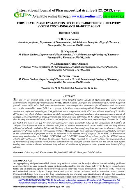 Pdf Formulation And Evaluation Of Colon Targeted Drug Delivery System Containinganti Diabetic