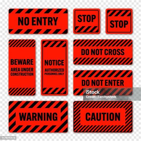 대각선이있는 다양한 검은 색과 빨간색 경고 표지판 주의 위험 또는주의 표지판 건설 현장 표지판 현실적인 통지 간판 경고 배너 도로 방패 벡터 그림 0명에 대한 스톡 벡터