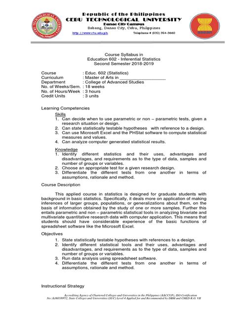 Course Syllabus In Inferential Statistics 1st Sem 2018 2019 Pdf Standard Score Statistical