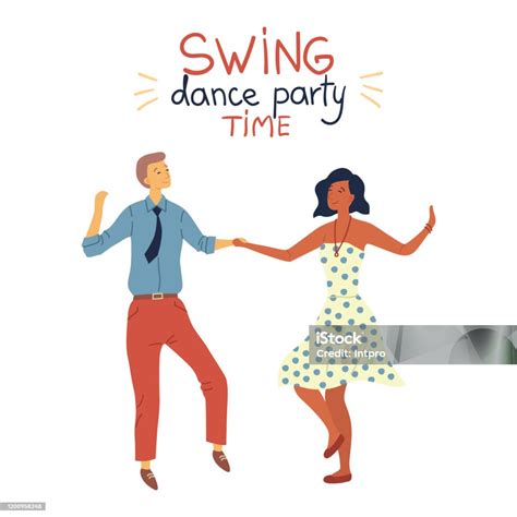 스윙 댄스 파티 시간 개념 멋진 예쁜 부부는 추상배경에 스윙 로큰롤 또는 린디 홉 춤입니다 플랫 스타일 벡터 일러스트레이션 1950 1959 년에 대한 스톡 벡터 아트 및