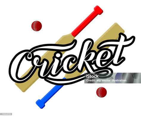 손으로 그린 크리켓 볼과 박쥐 벡터 일러스트 레이 션과 흰색 배경에 크리켓 레터링 텍스트 서 예 스포츠 피트 니스 활동 벡터 디자인입니다 로고 경쟁 티셔츠 및 캡 용 인쇄